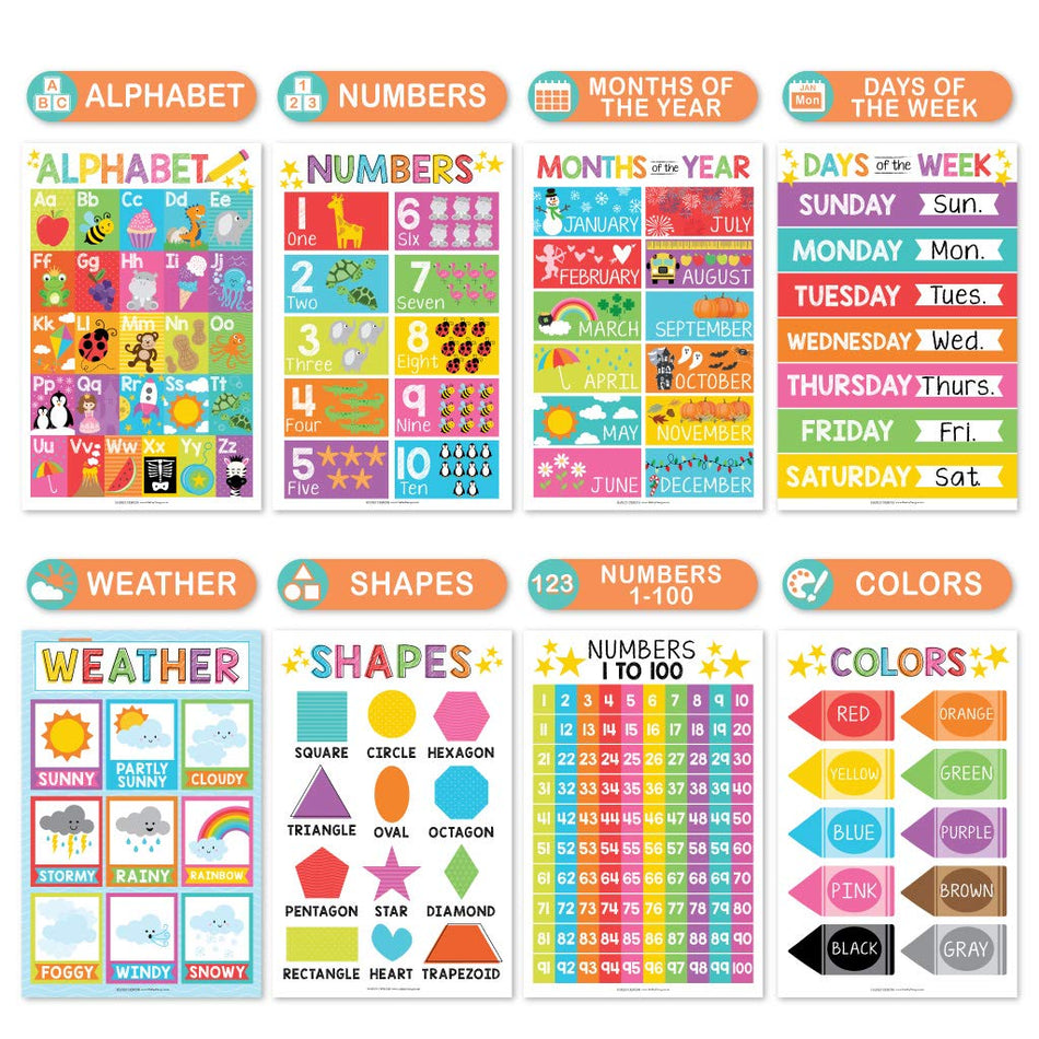 16 Laminated Educational Posters (alphabet, months, numbers & more ...