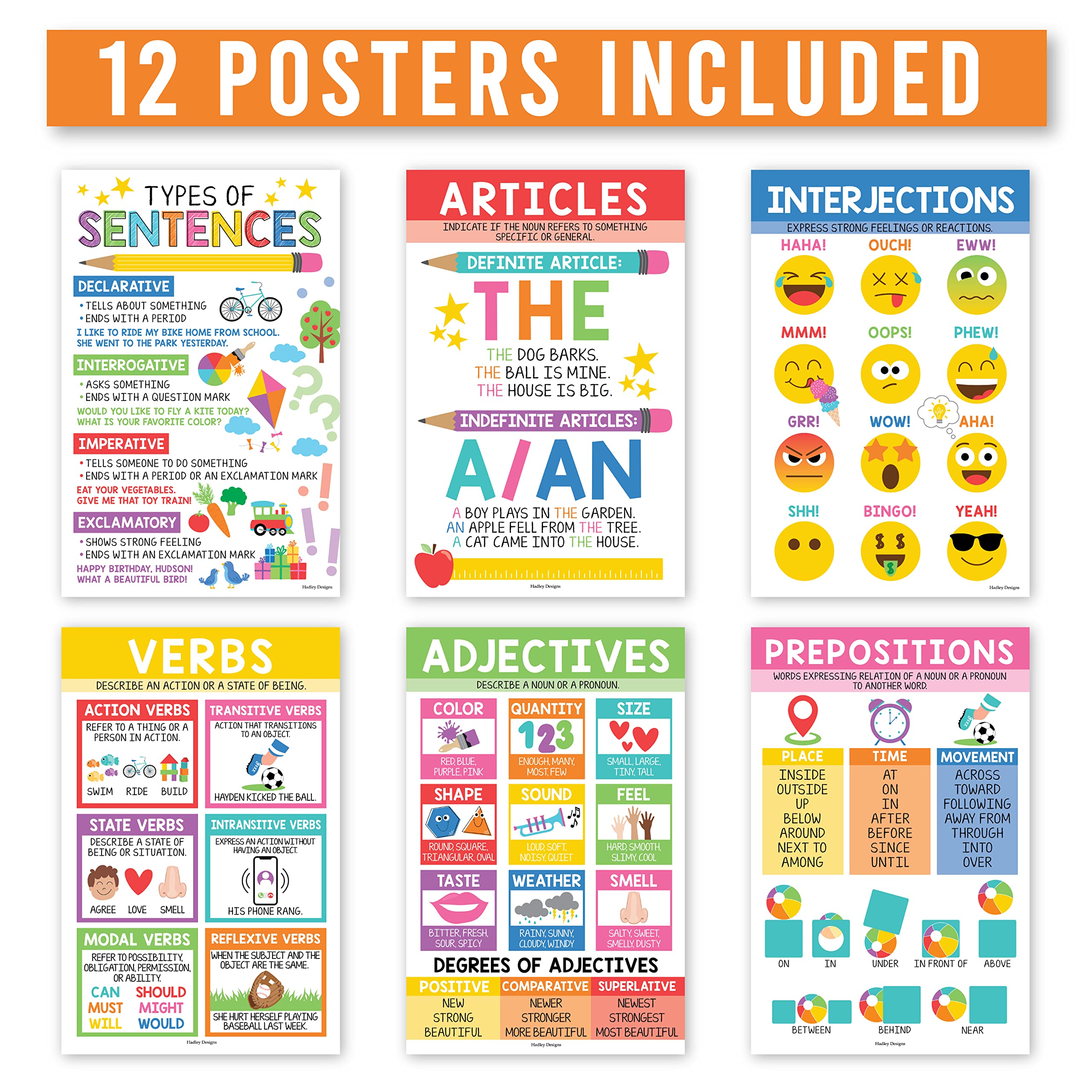 12 Colorful, Laminated Parts Of Speech Posters | Hadley Designs ...