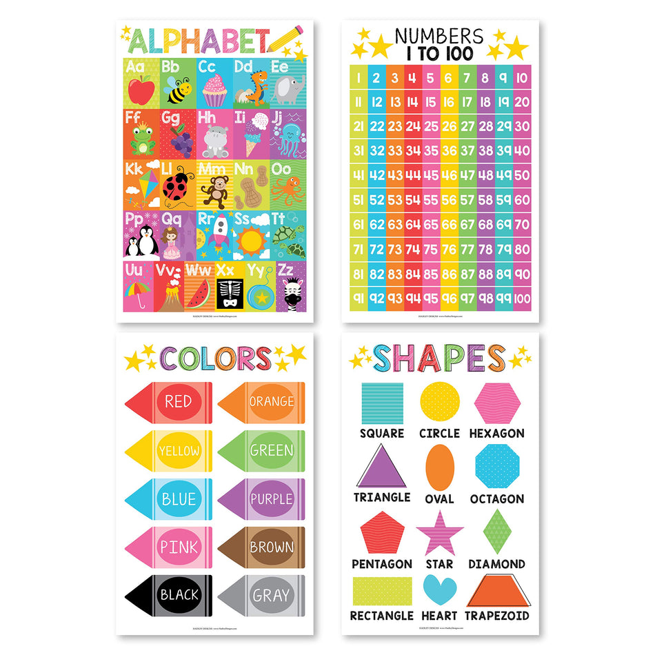 4 Laminated Educational Posters (Alphabet, Numbers, Colors & Shapes ...
