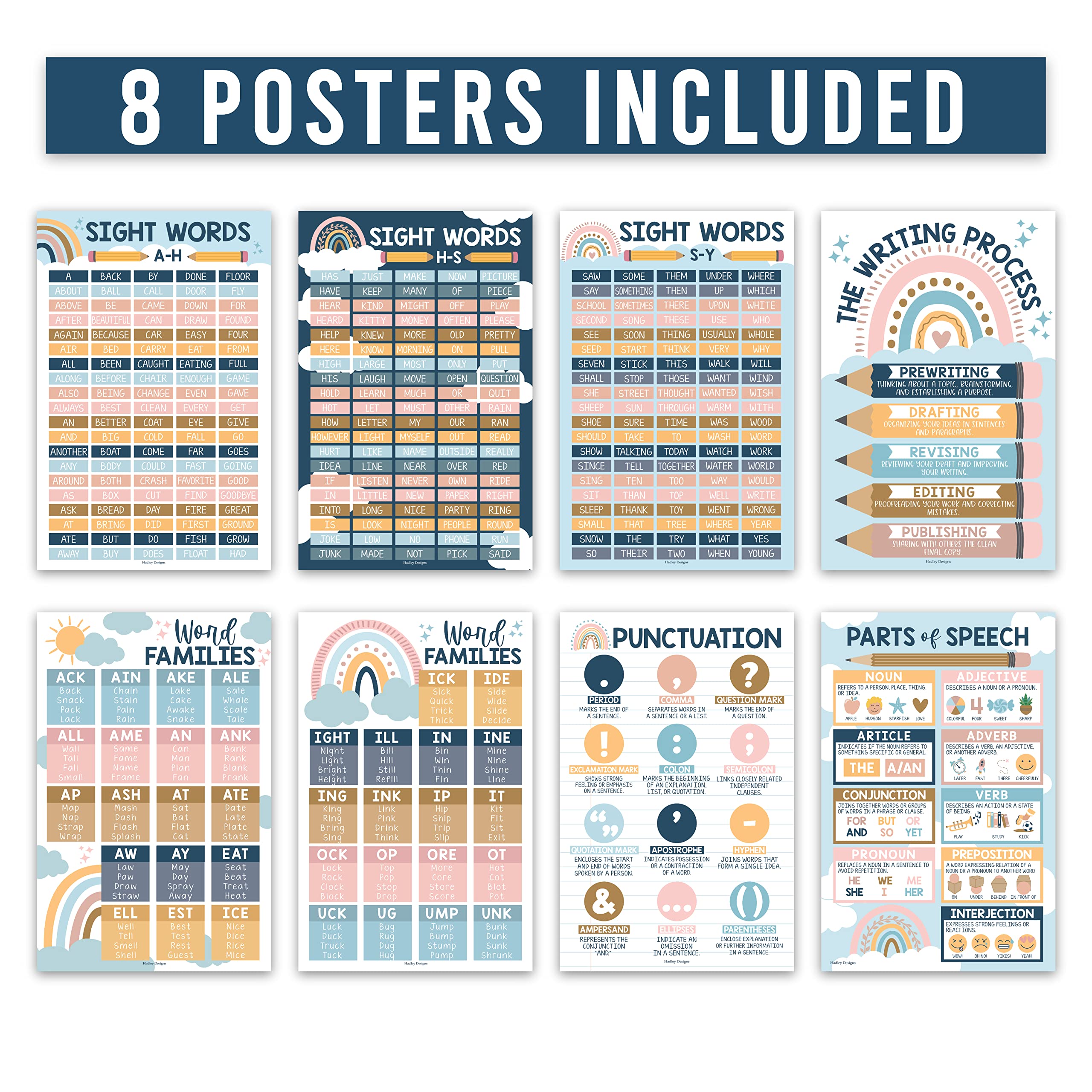 8 Laminated Sight Words Posters (Boho Rainbow Theme) | Hadley Designs