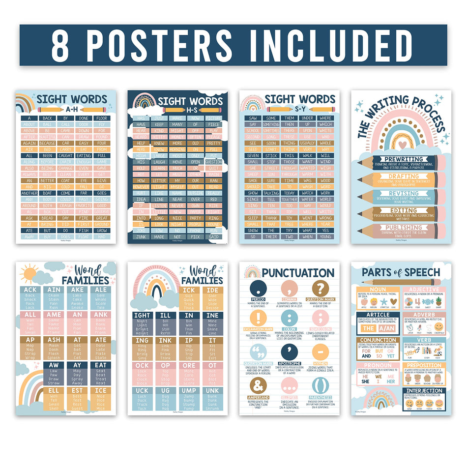 8 Laminated Sight Words Posters (Boho Rainbow Theme) | Hadley Designs