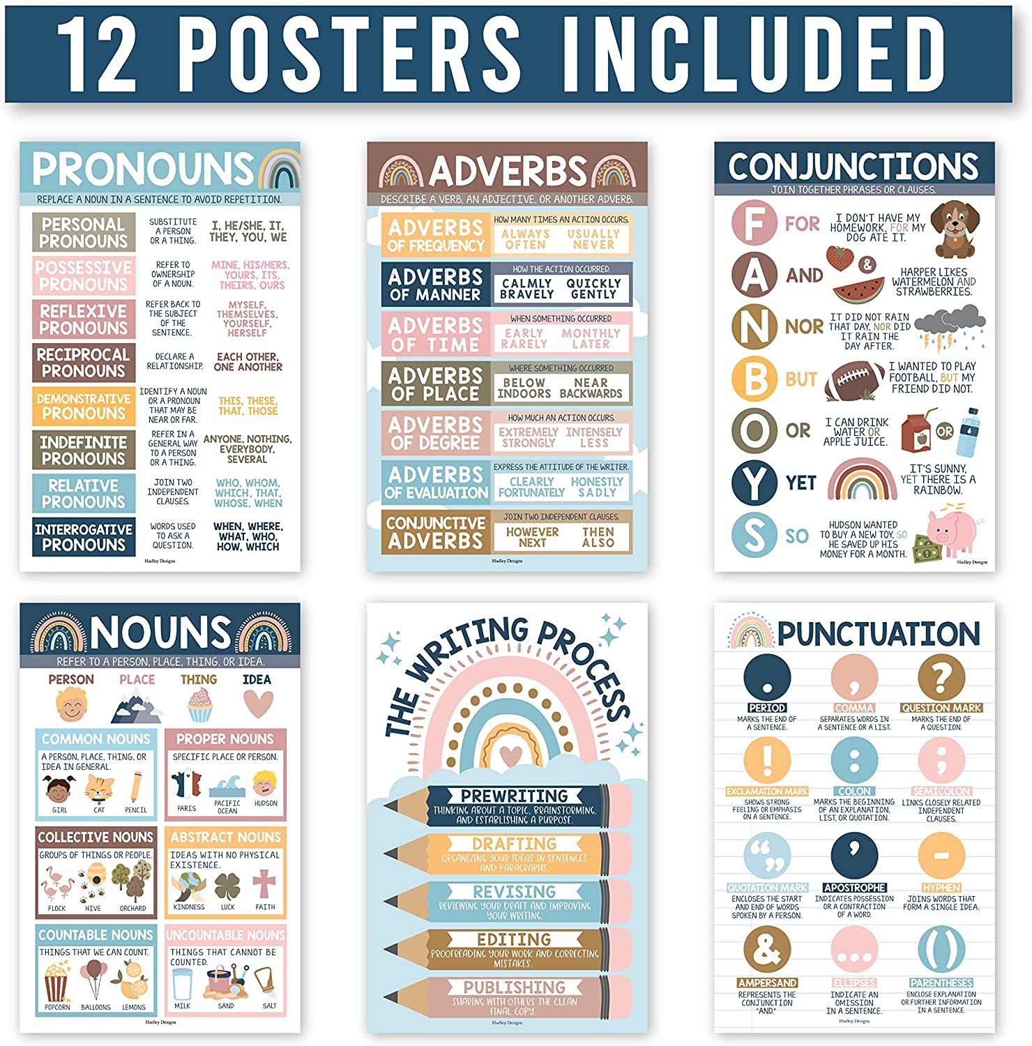 12 Boho, Laminated Parts Of Speech Posters | Hadley Designs