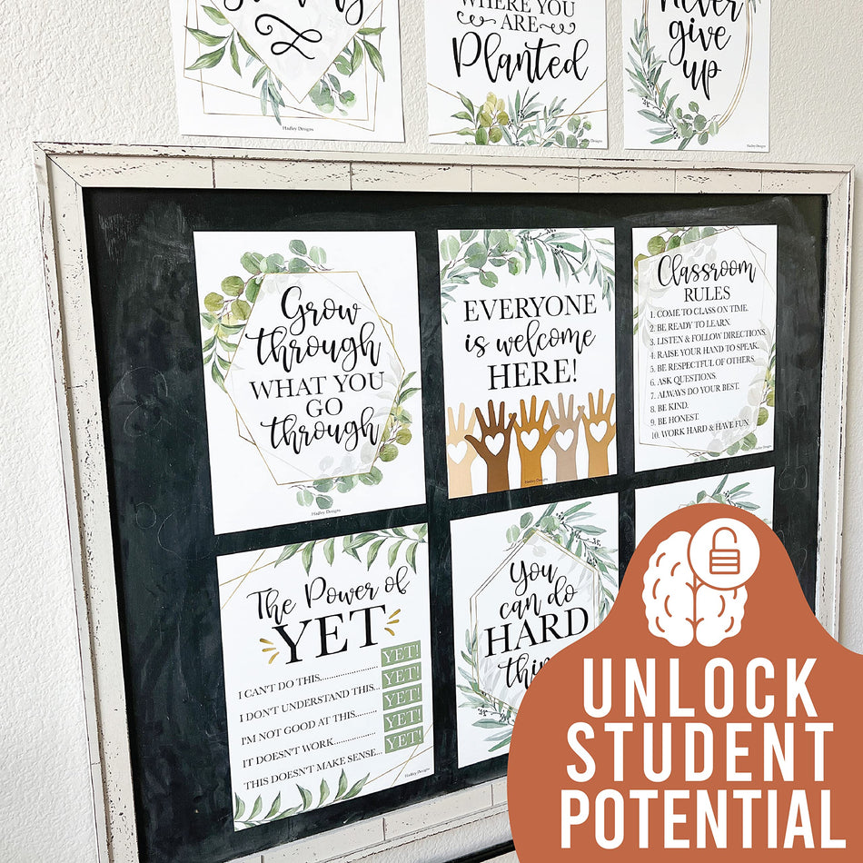 9 Eucalyptus Themed Motivational Classroom Signs | Hadley Designs
