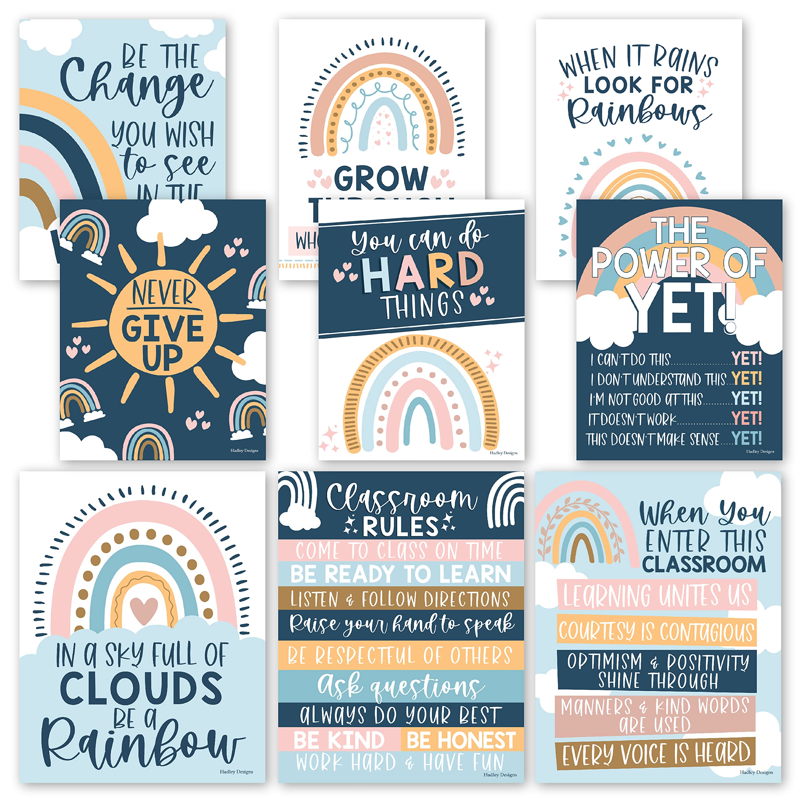 9 Boho Rainbow Motivational Classroom Signs | Hadley Designs - Printables