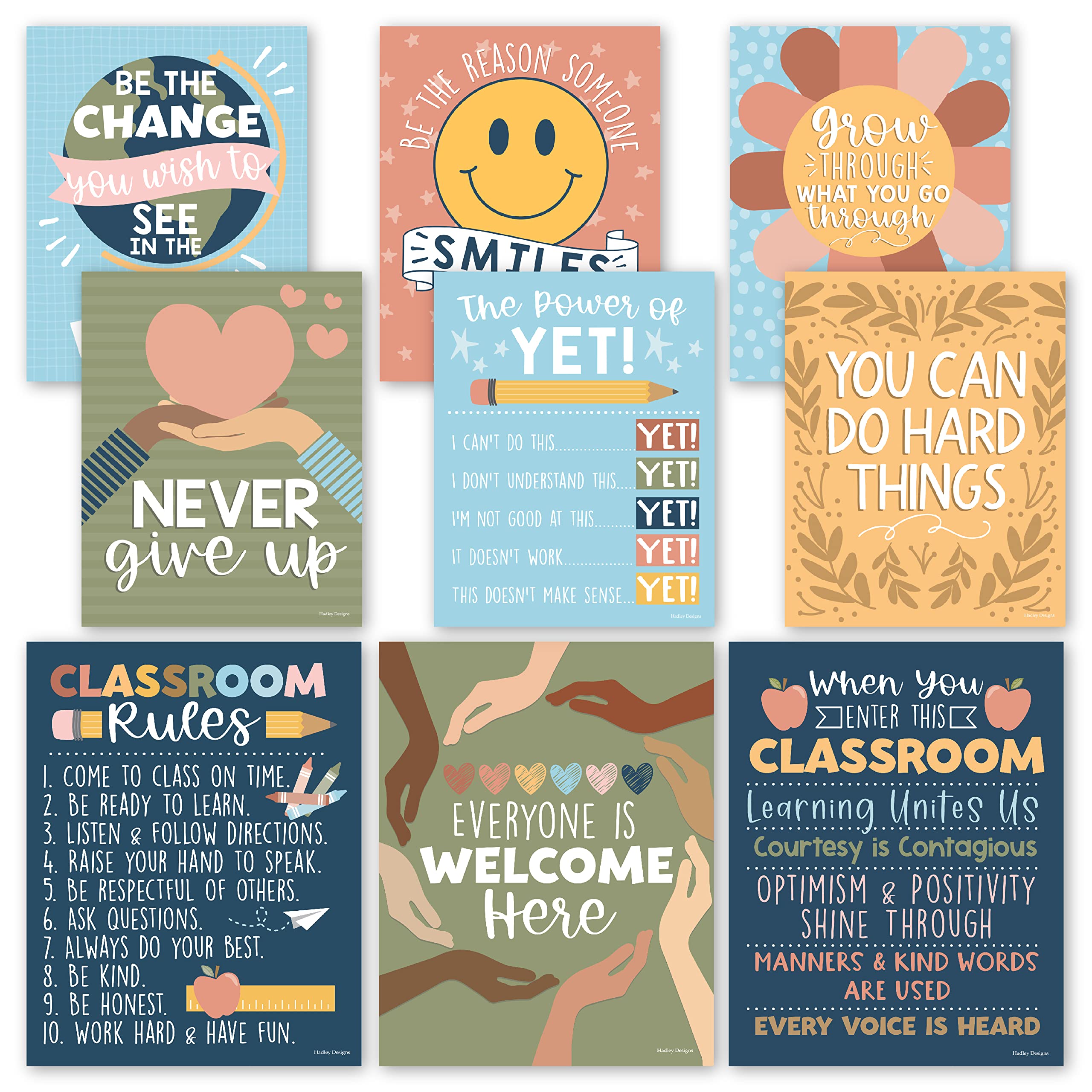 9 Colorful Motivational Classroom Signs - 11x14" | Hadley Designs