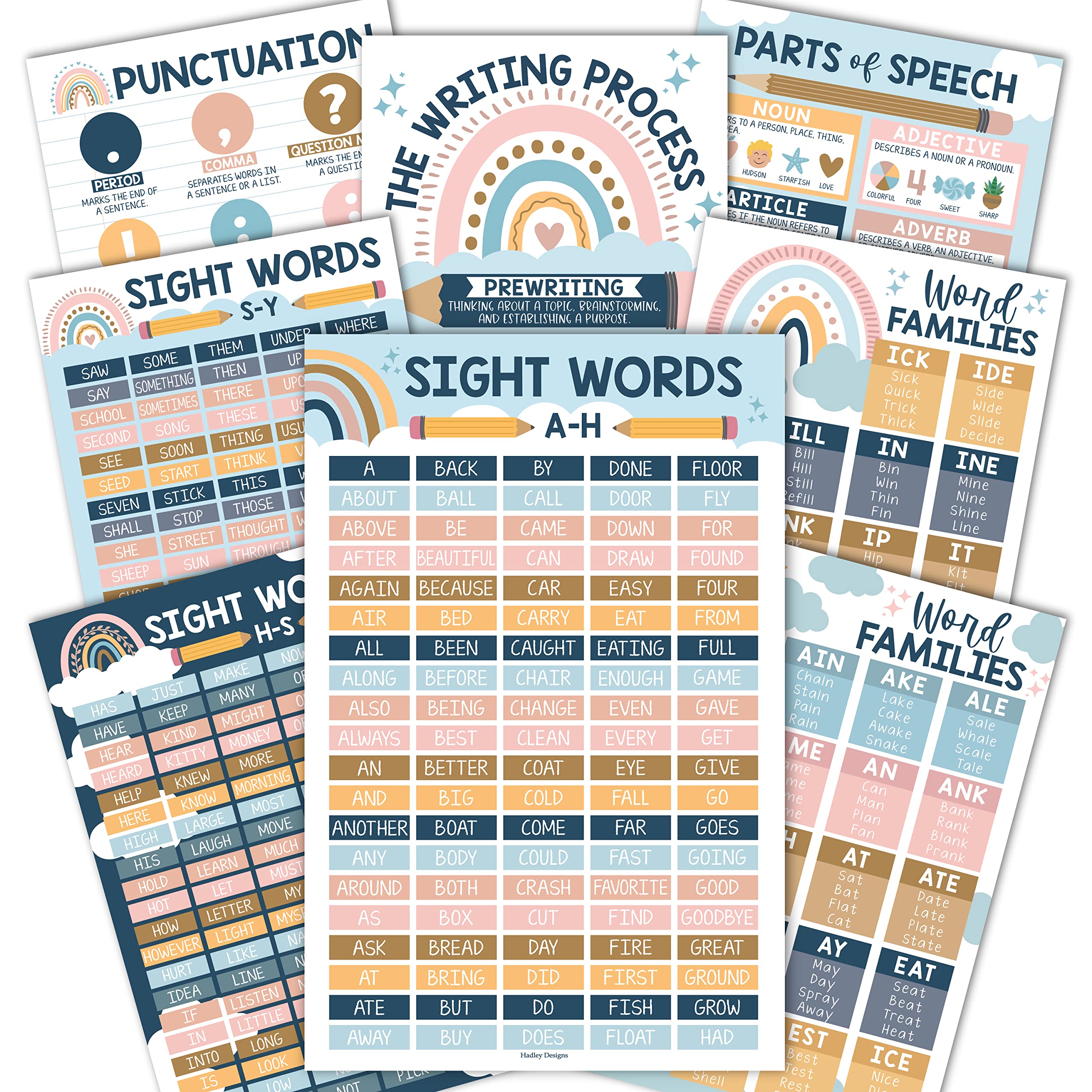 8 Laminated Sight Words Posters (Boho Rainbow Theme) | Hadley Designs