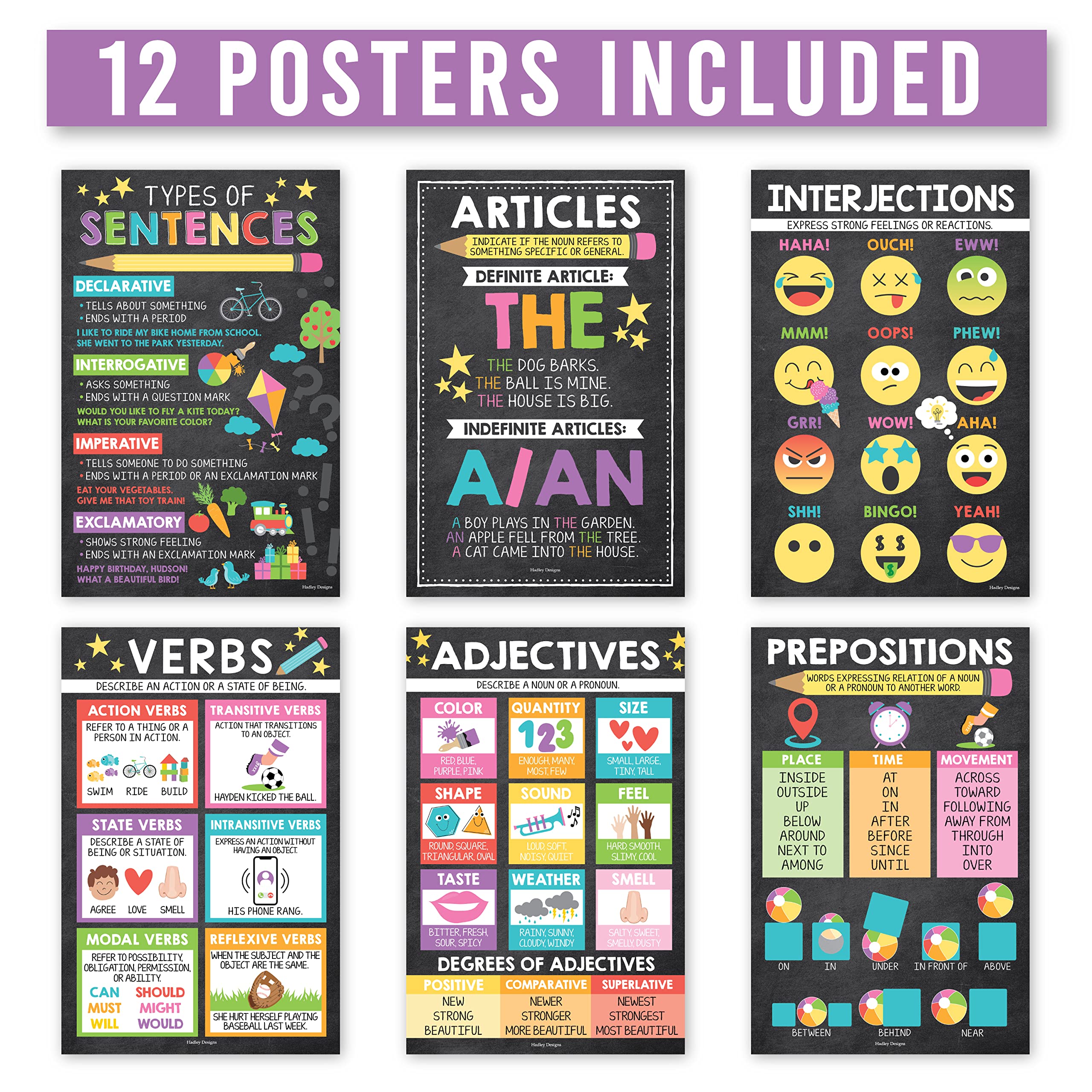 12 Laminated Parts Of Speech Posters (Chalkboard Theme) | Hadley Designs