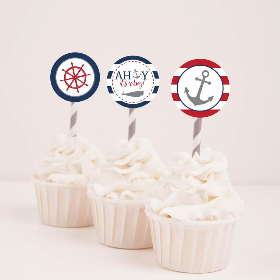 Printable Ahoy It's A Boy Nautical Baby Shower Cupcake Toppers Template ...