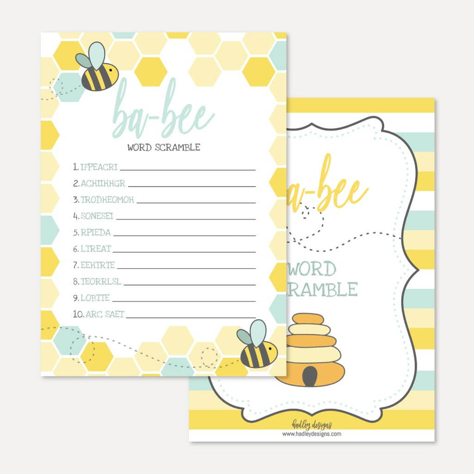 Printable Bee Baby Shower Word Scramble Game Template | Hadley Designs ...