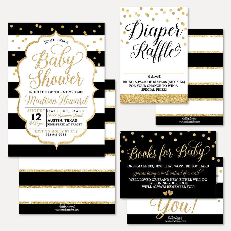Printable Black and Gold Baby Shower Invitation Suite Template | Hadley ...