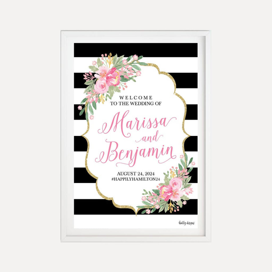 Printable Black Striped Blush Floral Wedding Welcome Sign Template ...