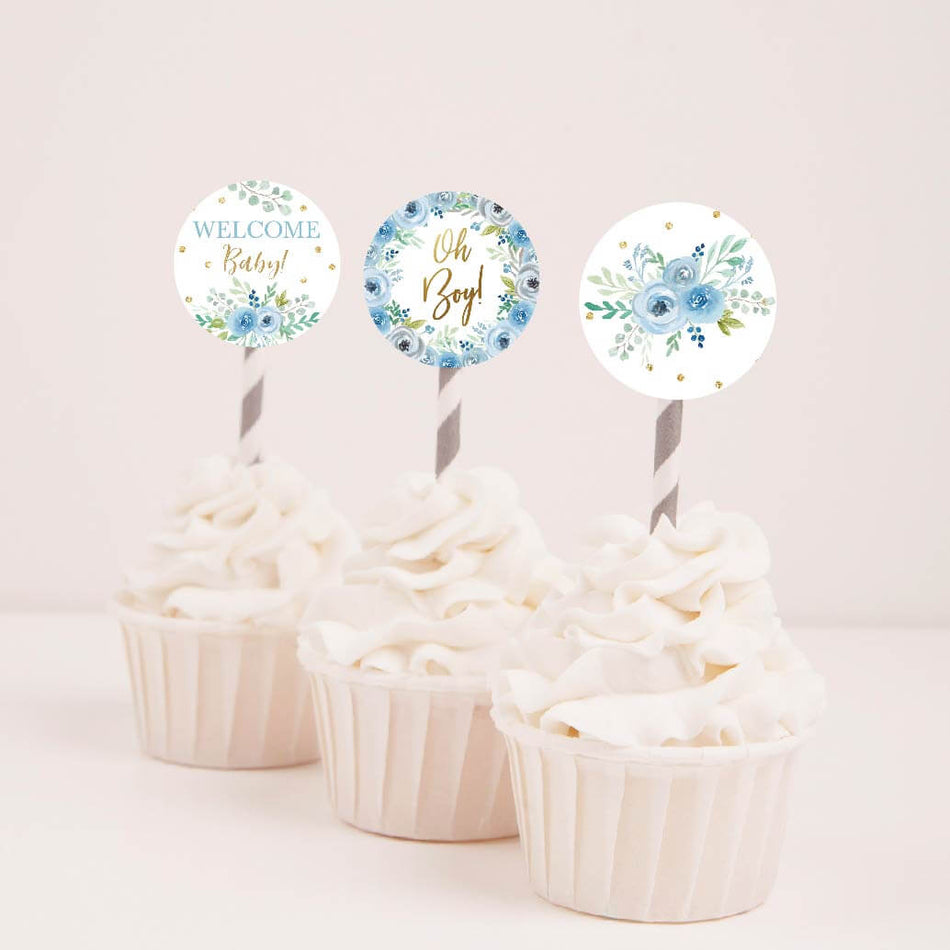 Printable Blue Teal Floral Baby Shower Cupcake Toppers Template ...
