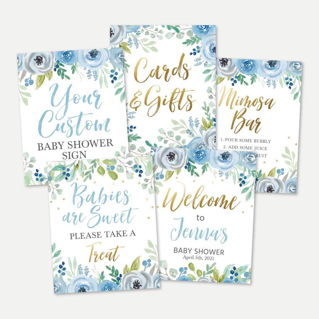 Printable Blue Teal Floral Baby Shower Signs Set Templates | Hadley ...