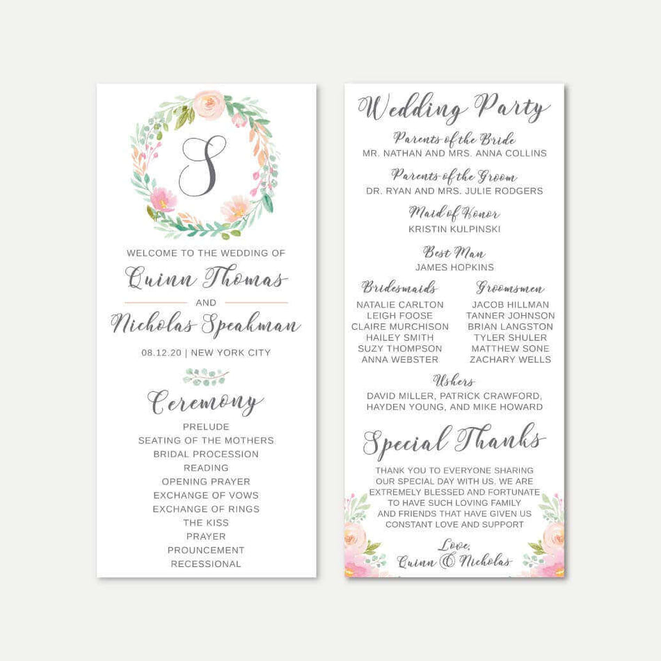 Printable Blush Floral Modern Wedding Program Template | Hadley Designs - Printables