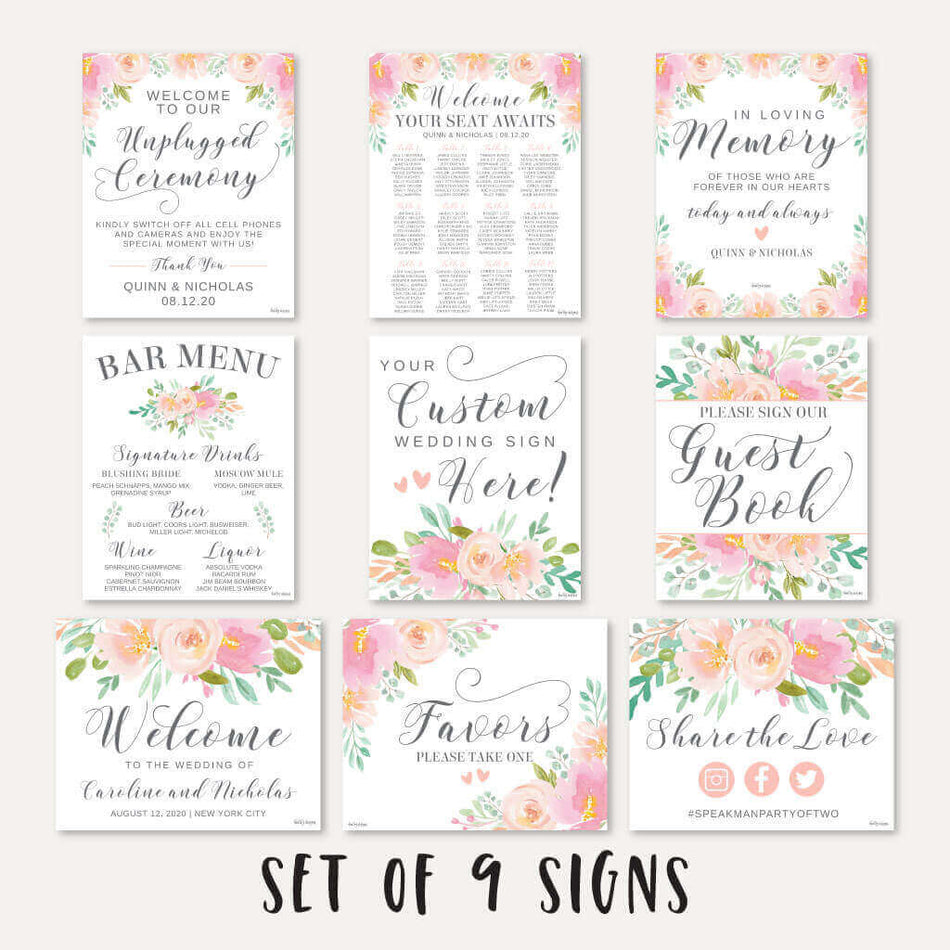 Printable Blush Floral Modern Wedding Signs Set Template | Hadley ...