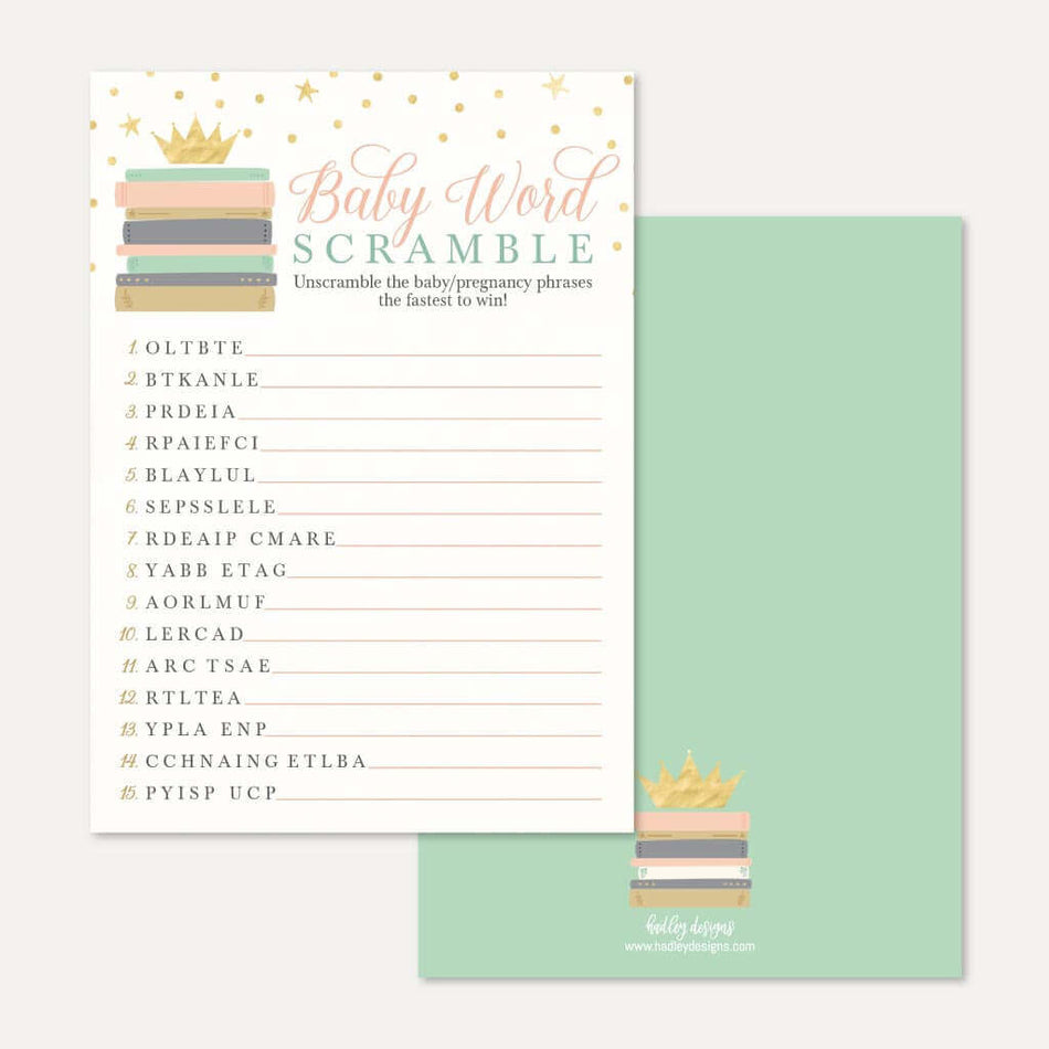 Printable Book Themed Baby Shower Word Scramble Game Template | Hadley ...