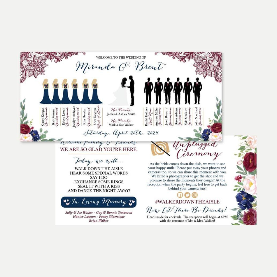 Printable Burgundy Floral and Lace Wedding Program Template | Hadley ...