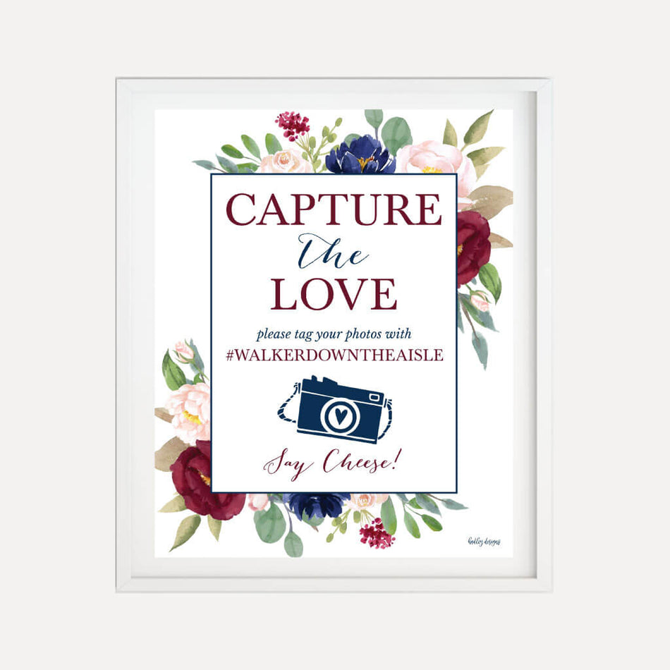 Printable Burgundy Floral and Lace Wedding Hashtag Sign Template ...