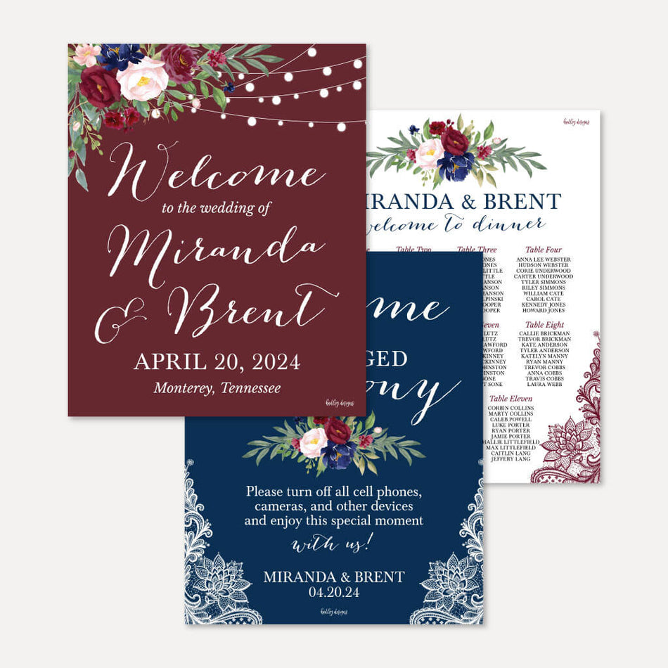Printable Burgundy Floral and Lace Wedding Signs Set Templates | Hadley ...