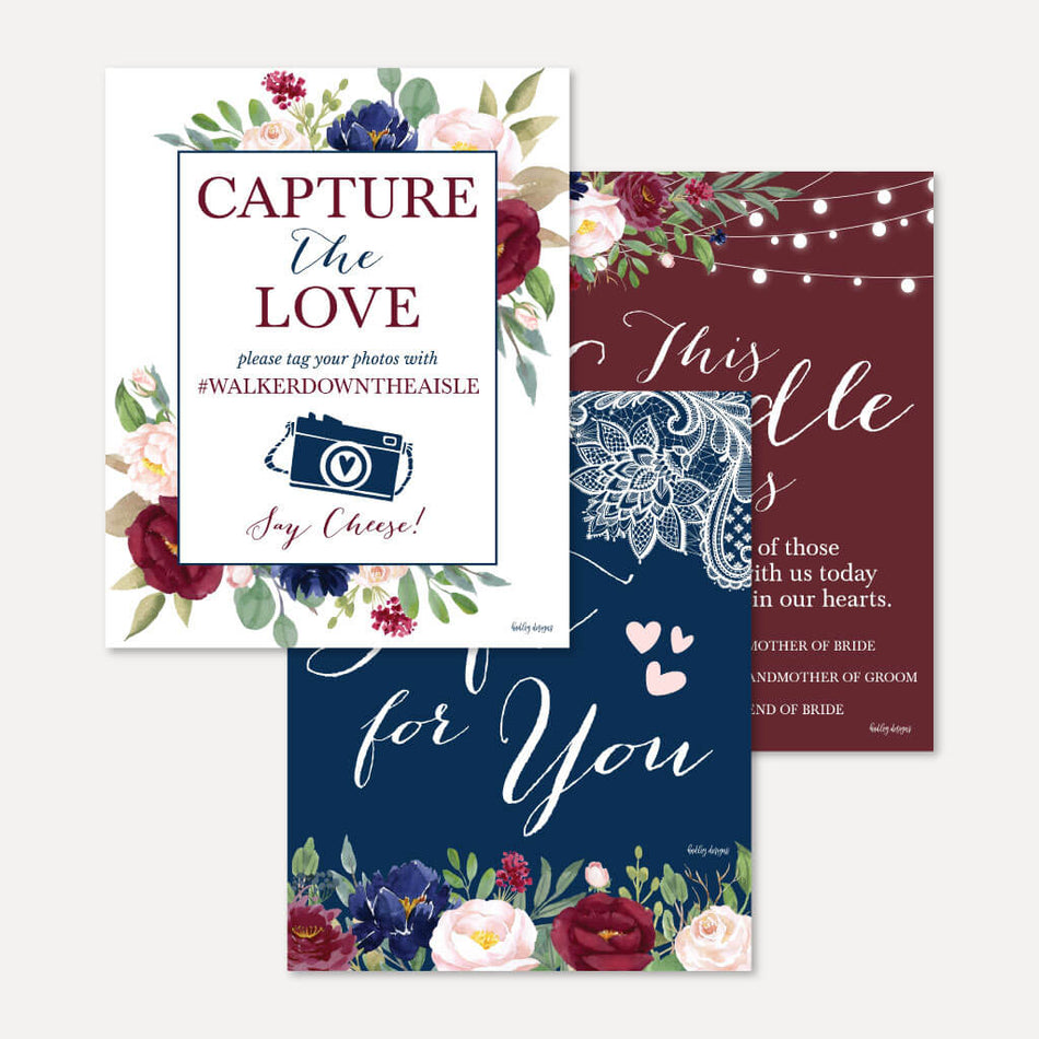 Printable Burgundy Floral and Lace Wedding Signs Set Templates | Hadley ...