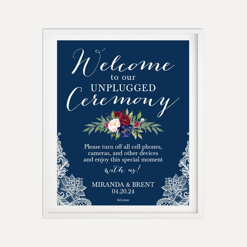 Printable Burgundy Floral and Lace Wedding Unplugged Ceremony Sign ...