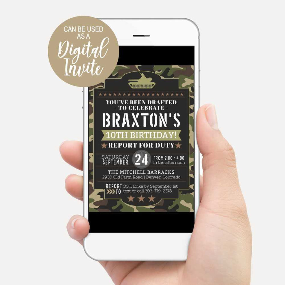 Printable Camo Army Kids Party Invitation Template | Hadley Designs