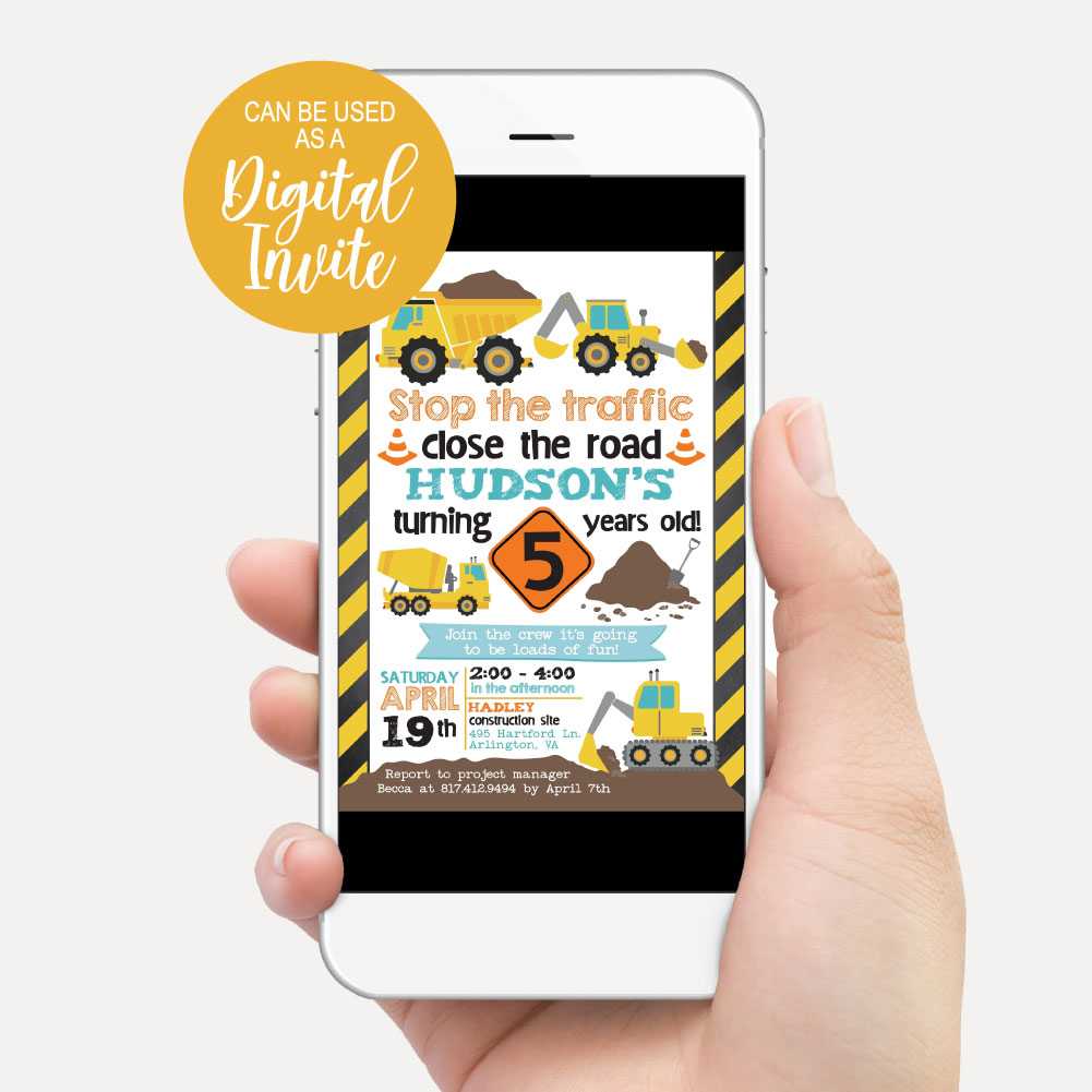Printable Construction Kids Party Invitation Template | Hadley Designs ...