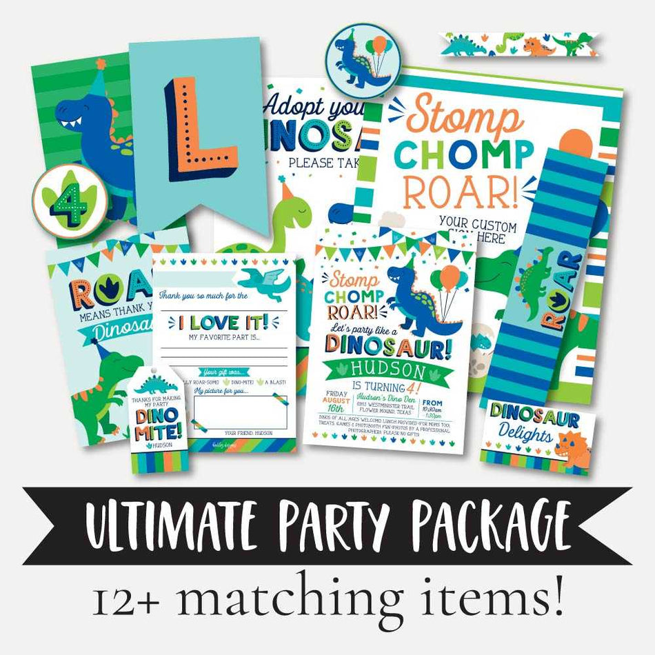 Printable Cartoon Dinosaur Kids Party Complete Package Templates ...