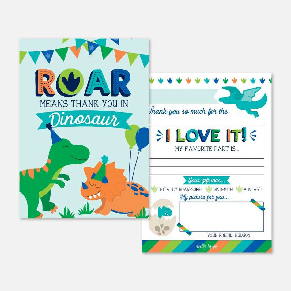 Printable Cartoon Dinosaur Kids Party Fill In The Blank Thank You Card ...