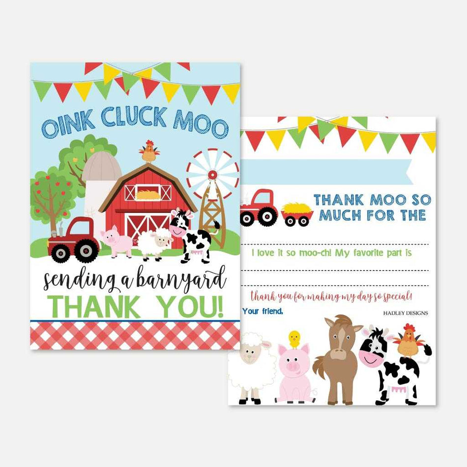 Printable Cartoon Farm Kids Party Fill In The Blank Thank You Card Tem ...