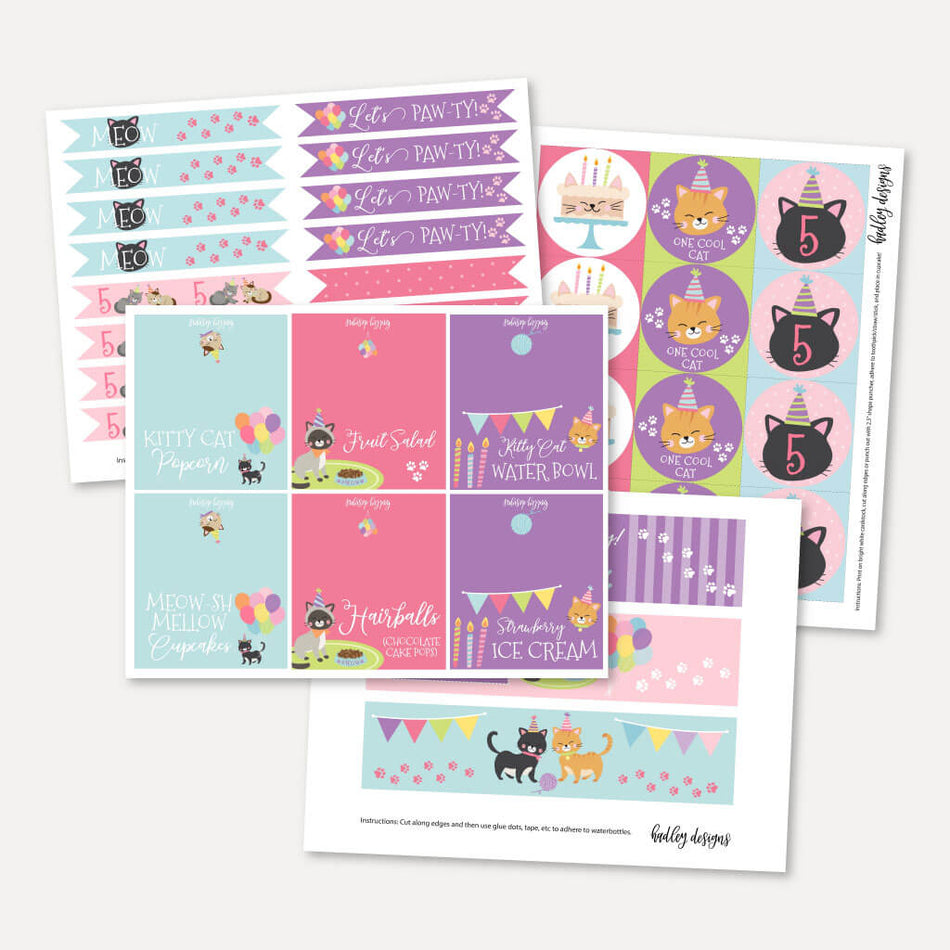 Printable Cat Kids Party Accessories and Decor Package Template ...