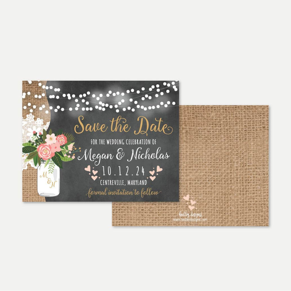 Printable Chalk Burlap and Lace Wedding Save The Date Template | Hadley ...
