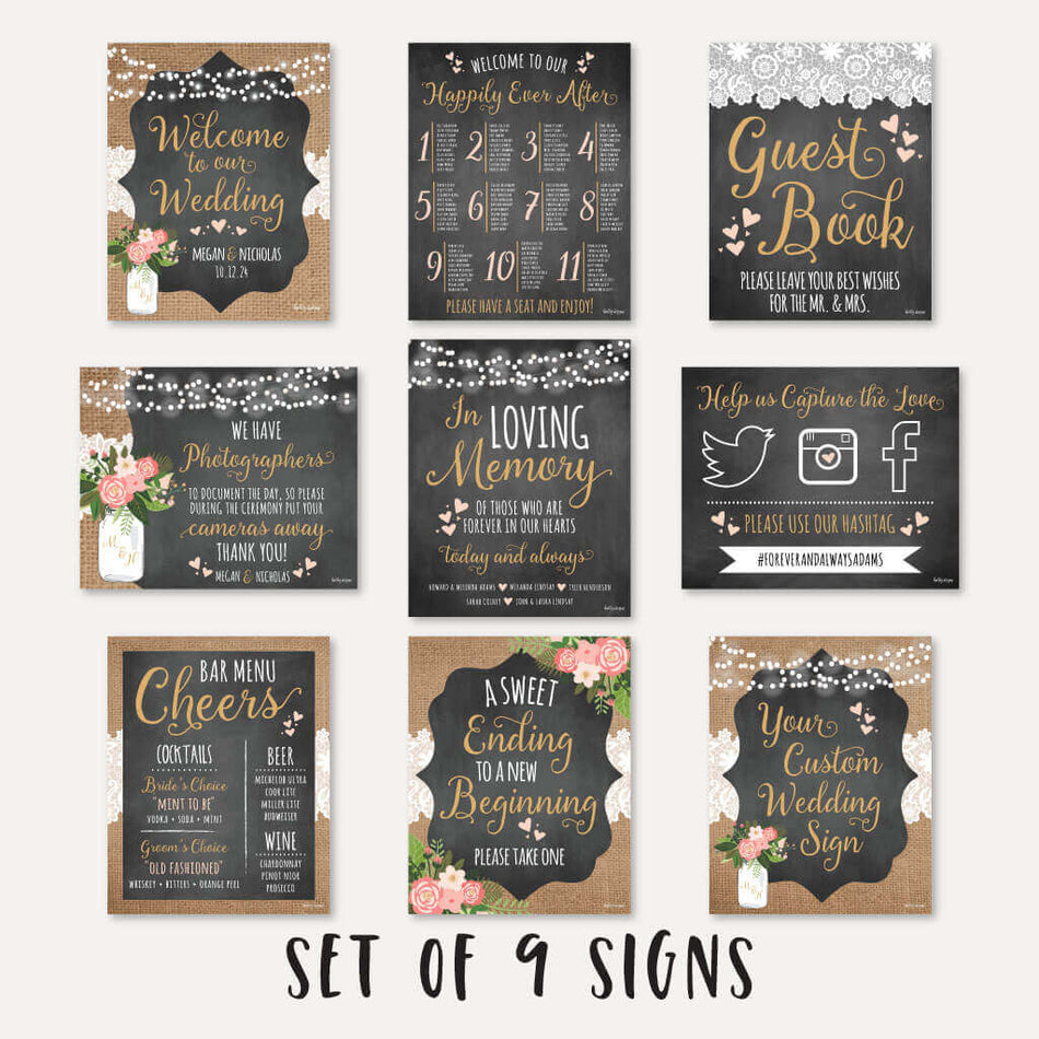 Printable Chalk Burlap and Lace Wedding Signs Set Templates | Hadley ...