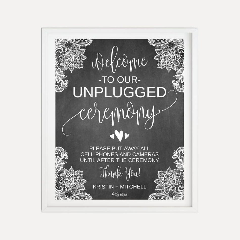 Printable Chalk Lace Lights Wedding Unplugged Ceremony Sign Template ...
