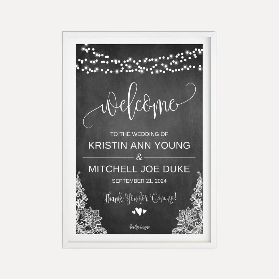 Printable Chalk Lace Lights Wedding Welcome Sign Template | Hadley Designs