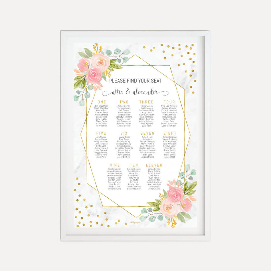 Printable Diamond Marble Blush Floral Wedding Seating Chart Sign ...