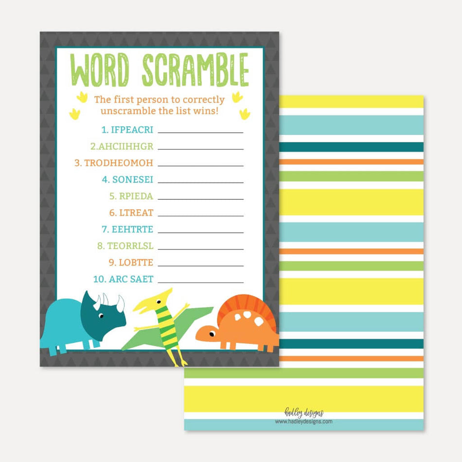 Printable Dino Baby Shower Word Scramble Game Template | Hadley Designs