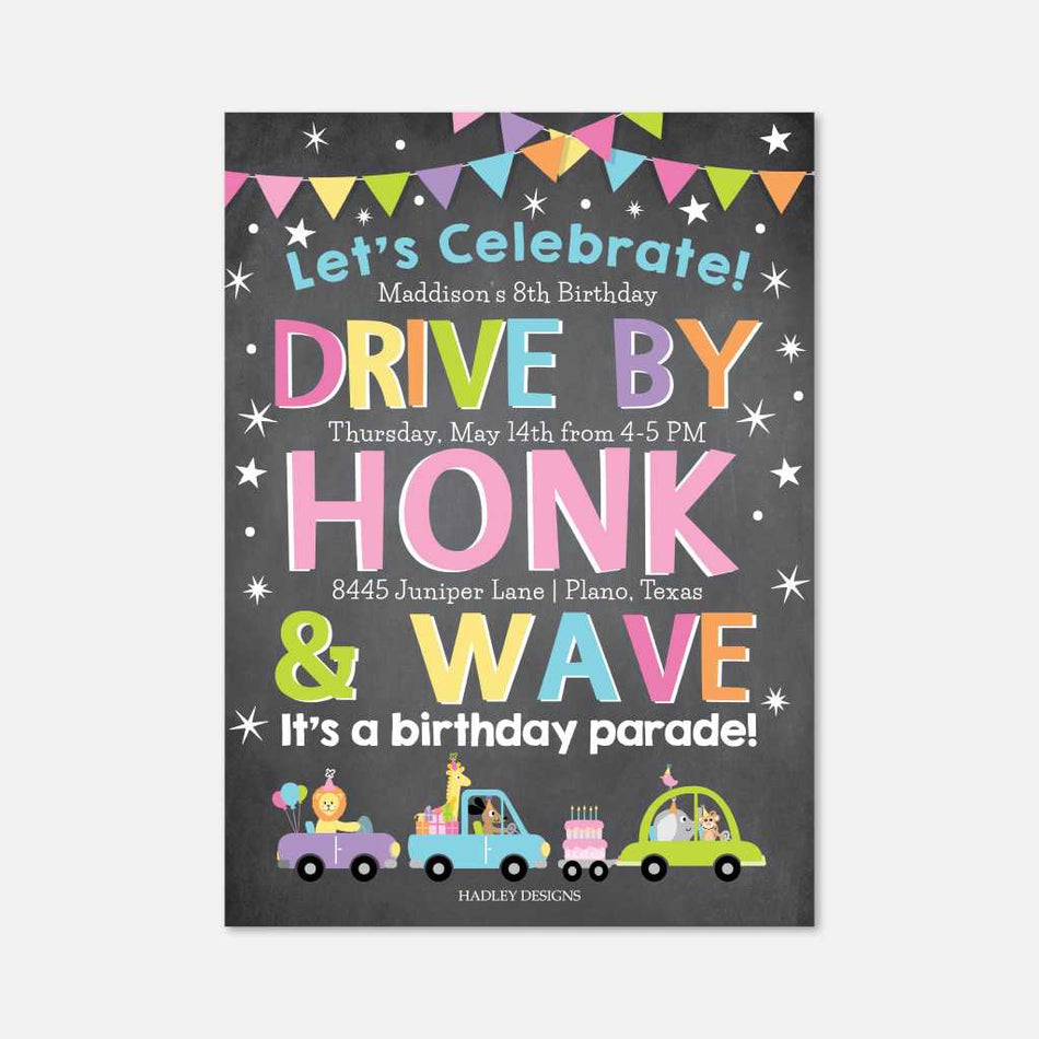 Printable Girl Chalk Drive By Parade Kids Party Invitation Template ...
