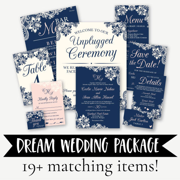 Printable Elegant Navy and Blush Lace Wedding Complete Package | Hadley ...
