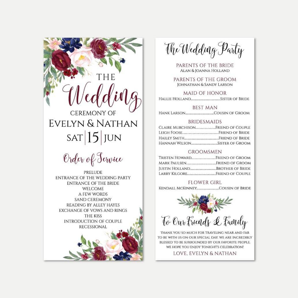 Printable Elegant Navy and Burgundy Wedding Program Template | Hadley ...