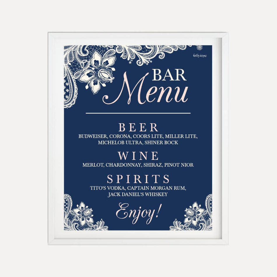 Printable Elegant Navy and Blush Lace Wedding Bar Menu Sign | Hadley ...