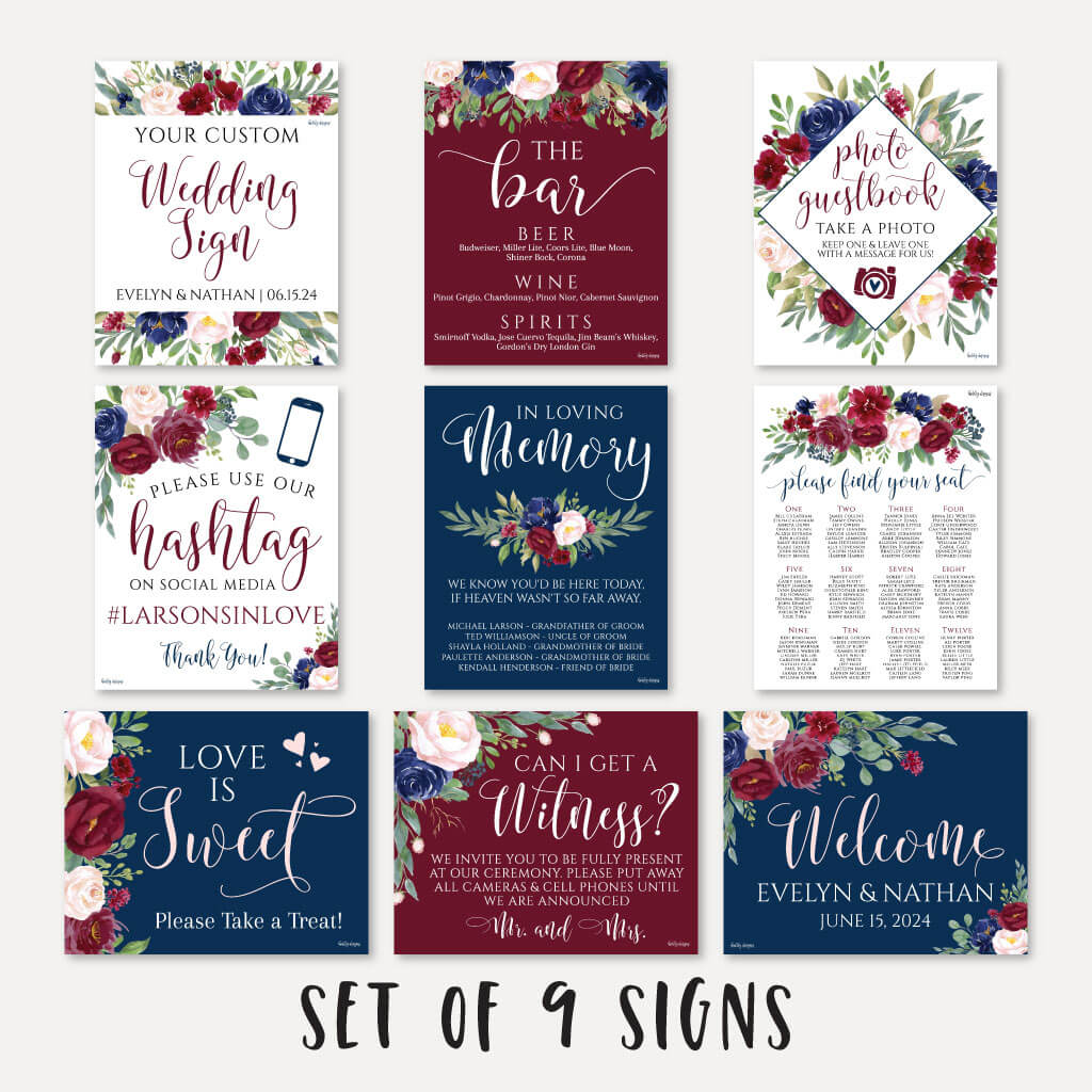 Printable Elegant Navy and Burgundy Wedding Signs Set Templates ...