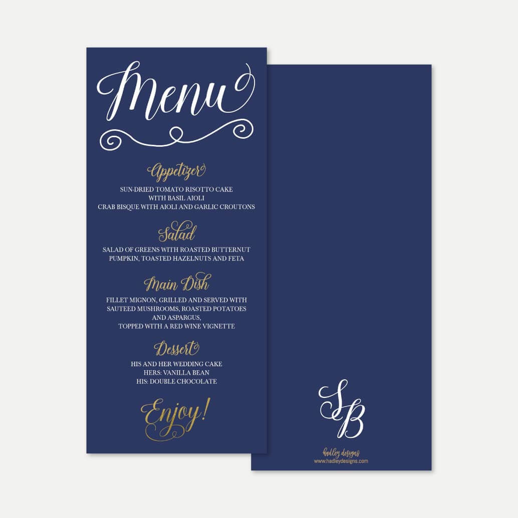 Printable Elegant Navy Gold Border Wedding Menu Template | Hadley Designs