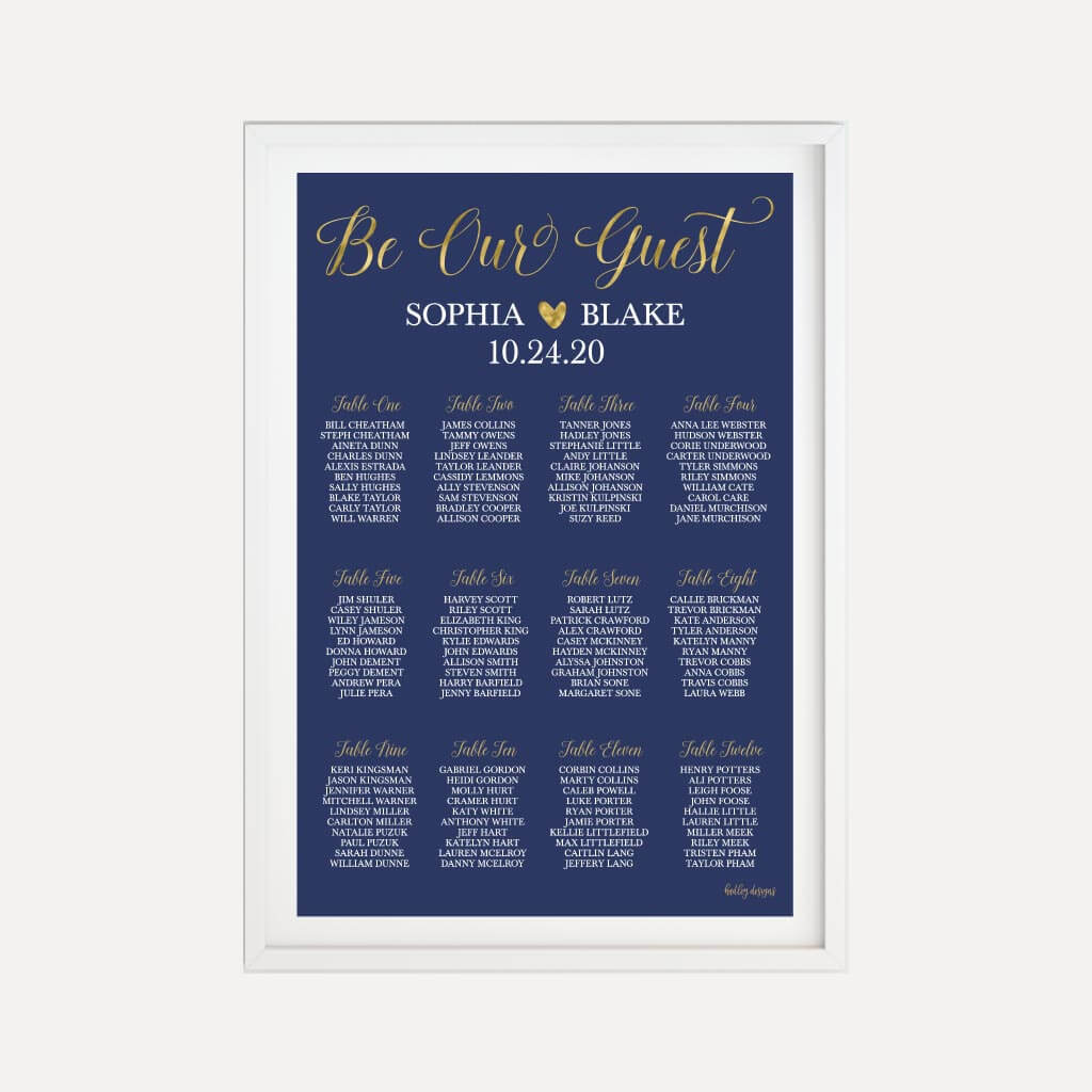 Printable Elegant Navy Gold Border Wedding Seating Chart Sign Template ...