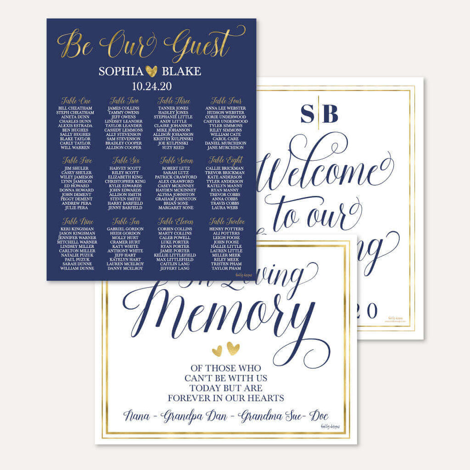 Printable Elegant Navy Gold Border Wedding Signs Set Templates | Hadley ...