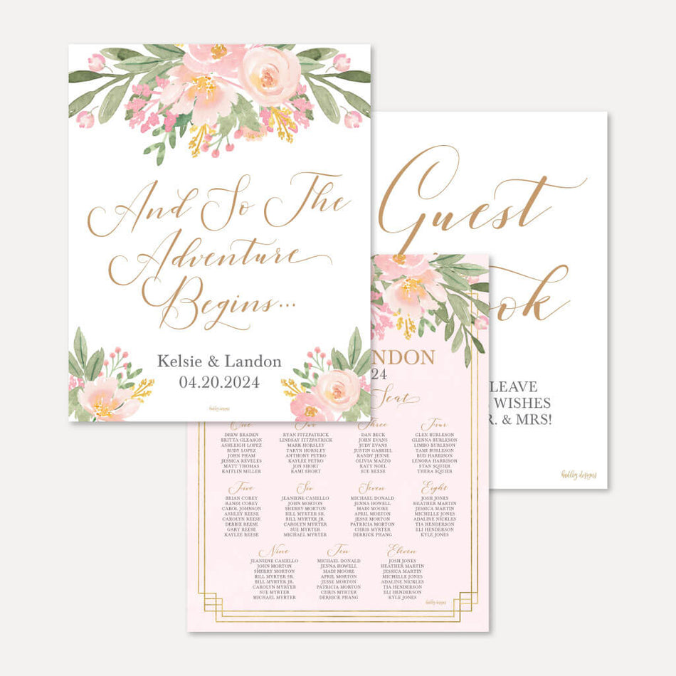 Printable Elegant Pink Gold Floral Wedding Signs Set Templates | Hadley ...