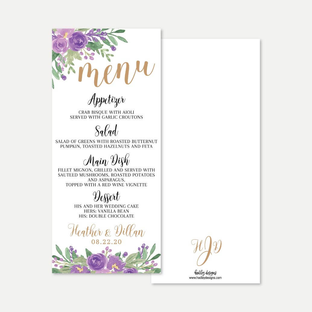 Printable Elegant Purple Floral Wedding Menu Template | Hadley Designs ...