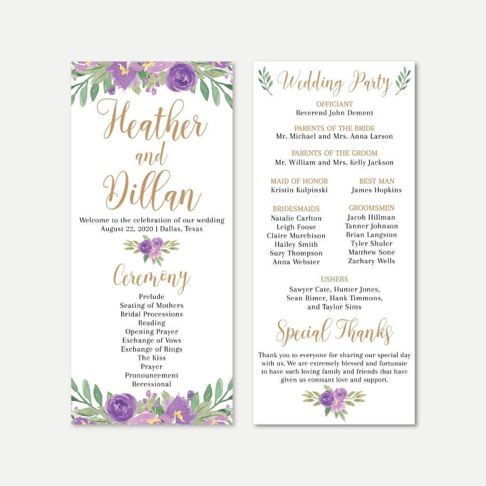 Printable Elegant Purple Floral Wedding Program Template | Hadley ...