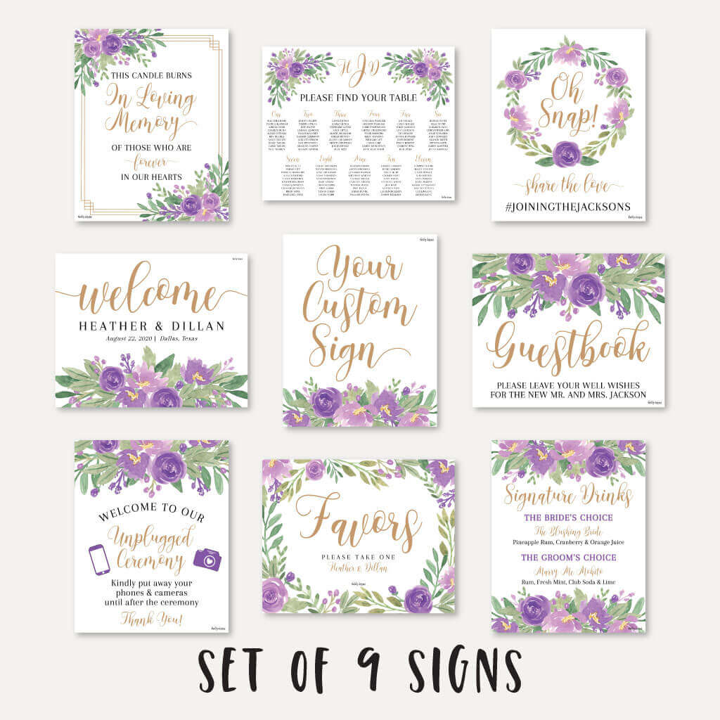 Printable Elegant Purple Floral Wedding Signs Set Templates | Hadley ...