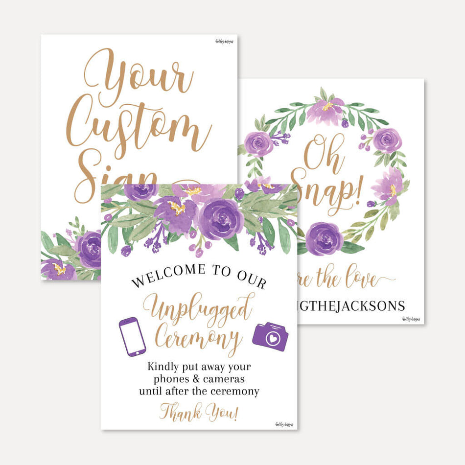 Printable Elegant Purple Floral Wedding Signs Set Templates | Hadley ...